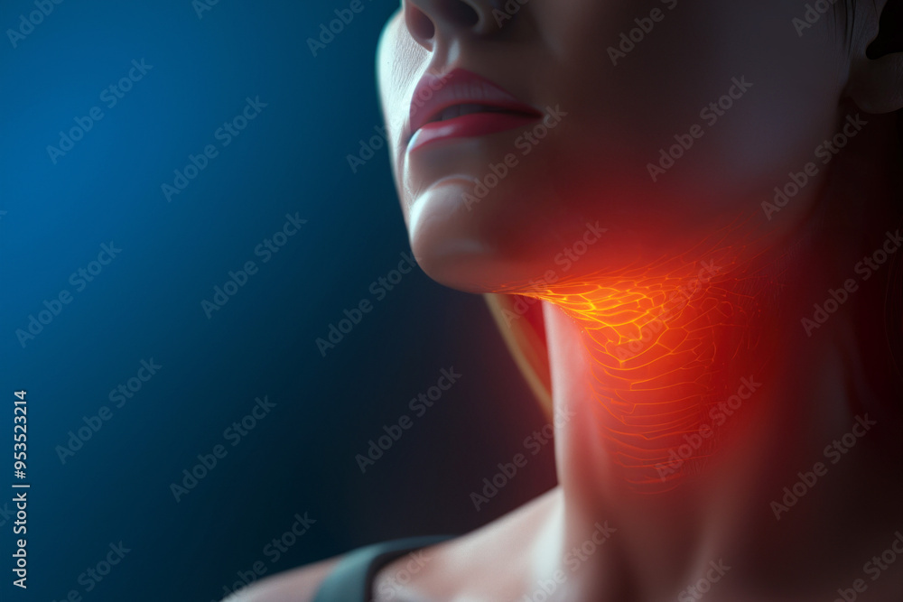 Side view of a woman’s neck with a glowing throat area, indicating ...