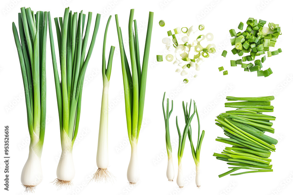 Different stages and parts of scallions green onions, including a full ...