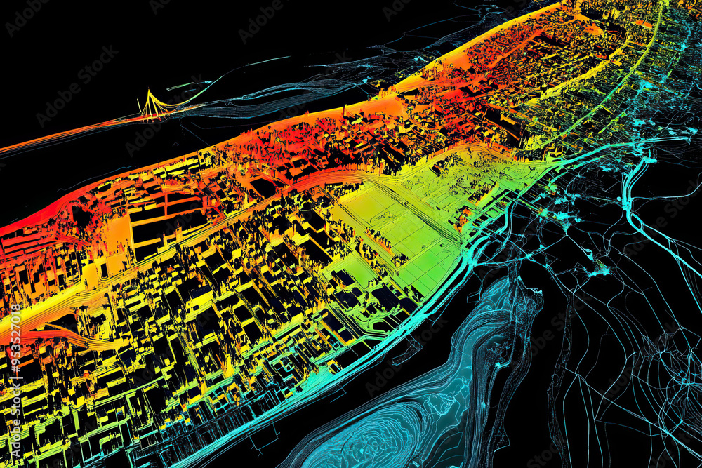 Technical aerial visual, 3D LiDAR GIS aerial map satellite scan model ...