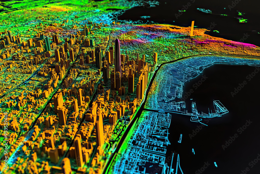 Technical aerial visual, 3D LiDAR GIS aerial map satellite scan model ...