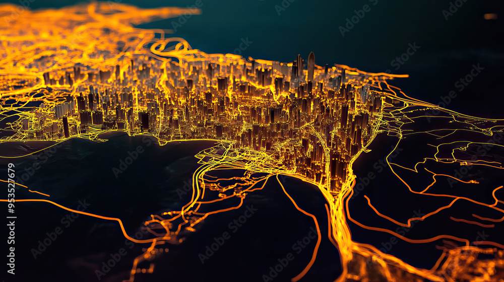 Technical aerial visual, 3D LiDAR GIS aerial map satellite scan model ...