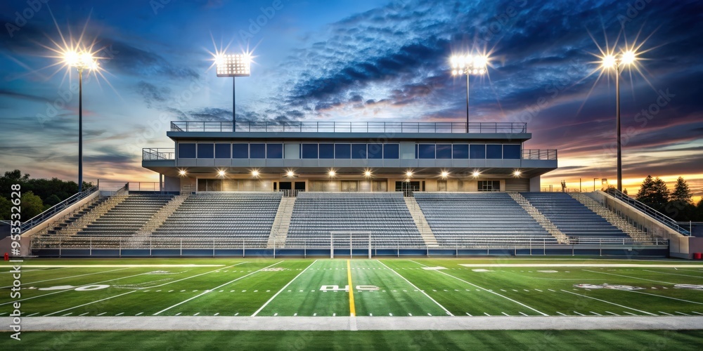 American high school football stadium with bleachers filled with ...