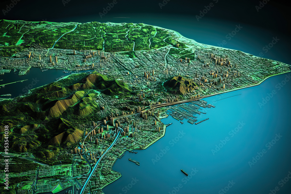 Technical aerial visual, 3D LiDAR GIS aerial map satellite scan model ...