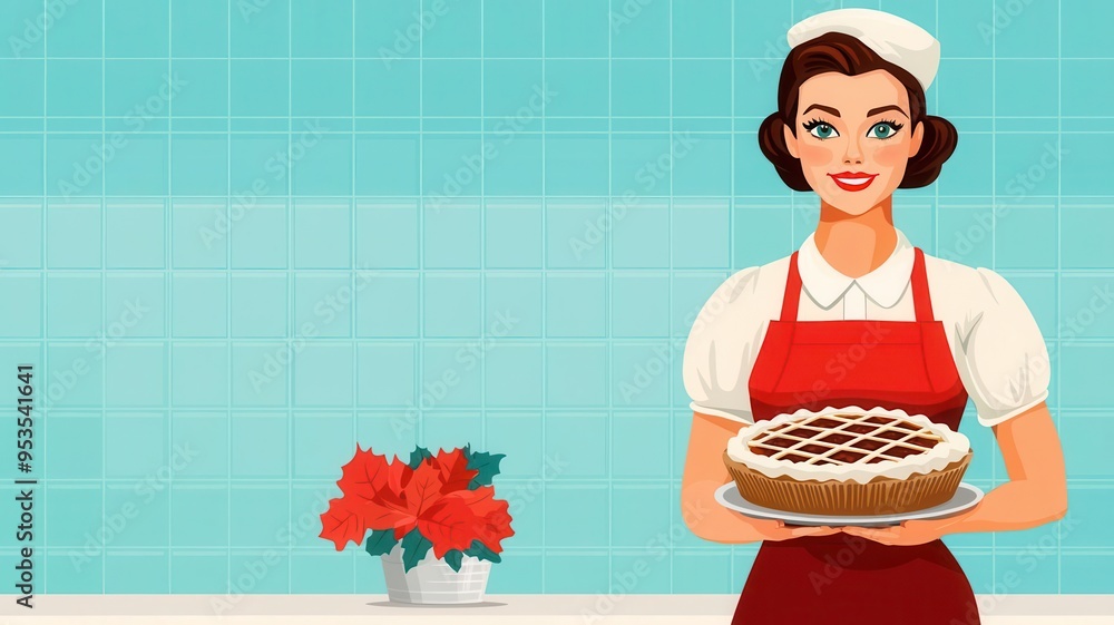 Retro diner waitress placing a Thanksgiving pie on a counter, with a ...