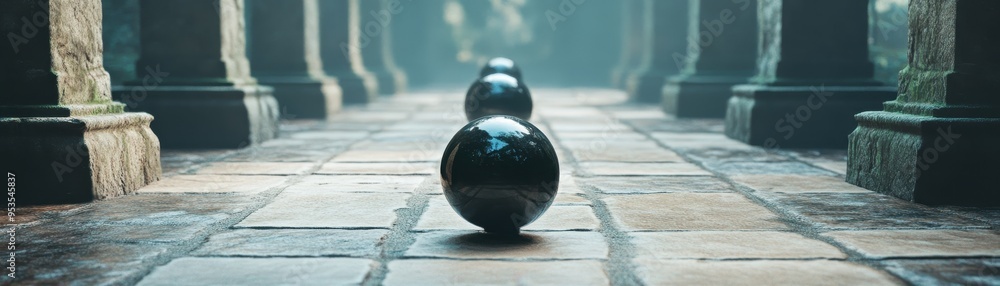 Mysterious pathway with metallic spheres lined up in a foggy, ancient ...
