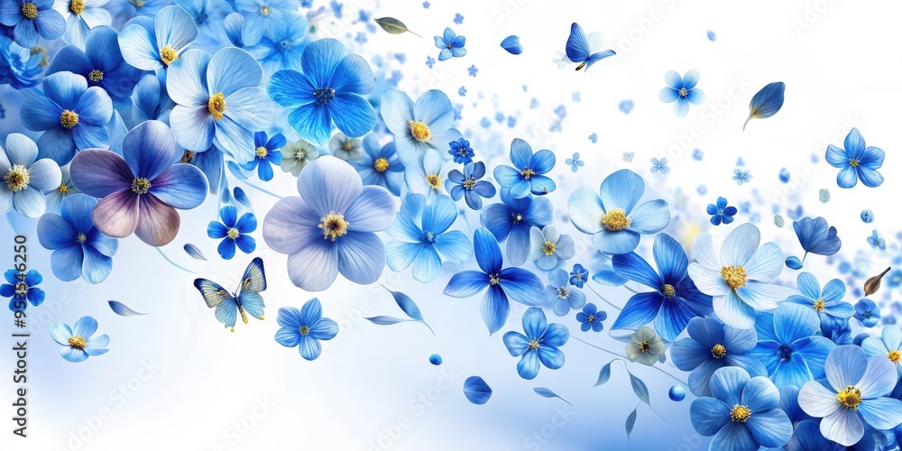 Beautiful floral overlay with flying blue flowers and petals, border ...