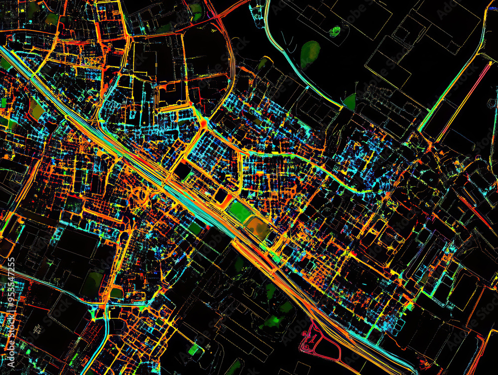 Technical aerial visual, 3D LiDAR GIS aerial map satellite scan model ...