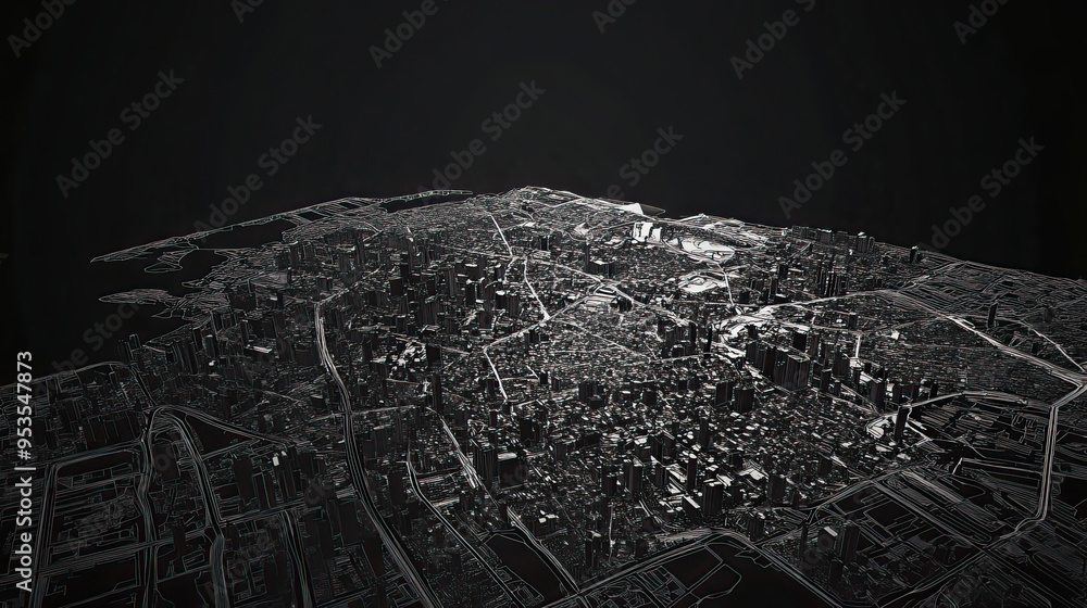 Technical aerial visual, 3D LiDAR GIS aerial map satellite scan model ...
