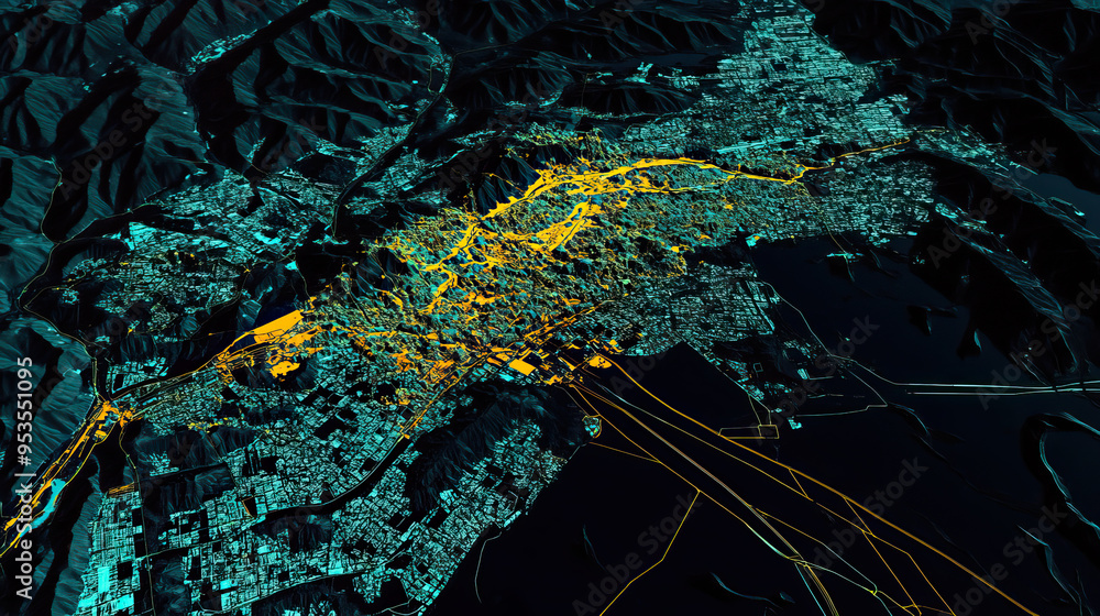 Technical aerial visual, 3D LiDAR GIS aerial map satellite scan model ...
