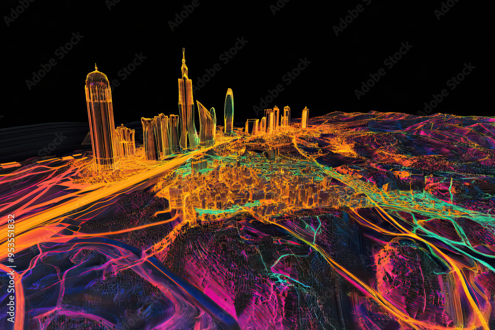 Technical Aerial Visual 3d Lidar Gis Aerial Map Satellite Scan Model Isolated Showing Riyadh