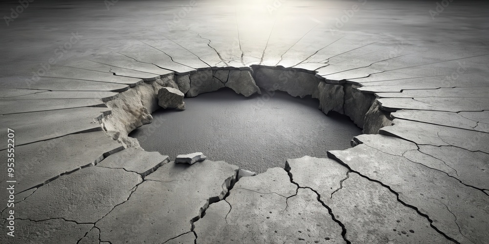 Cracked concrete slab floor with a large shell hole, concrete, damaged ...