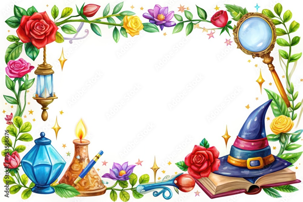 Colorful border featuring magical elements and flowers for enchanting ...