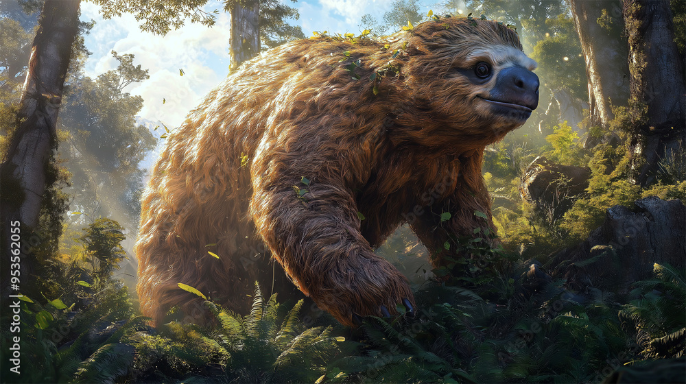 Giant Ground Sloth Megatherium in Prehistoric Forest, Extinct Megafauna ...