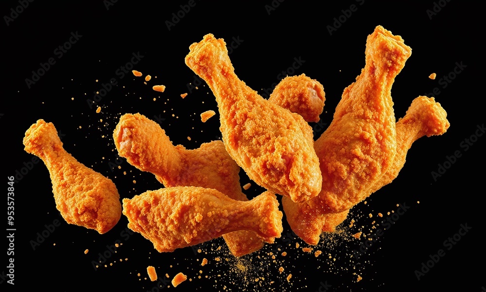 crispy fried chicken, flying chicken wings and drumsticks, golden brown ...