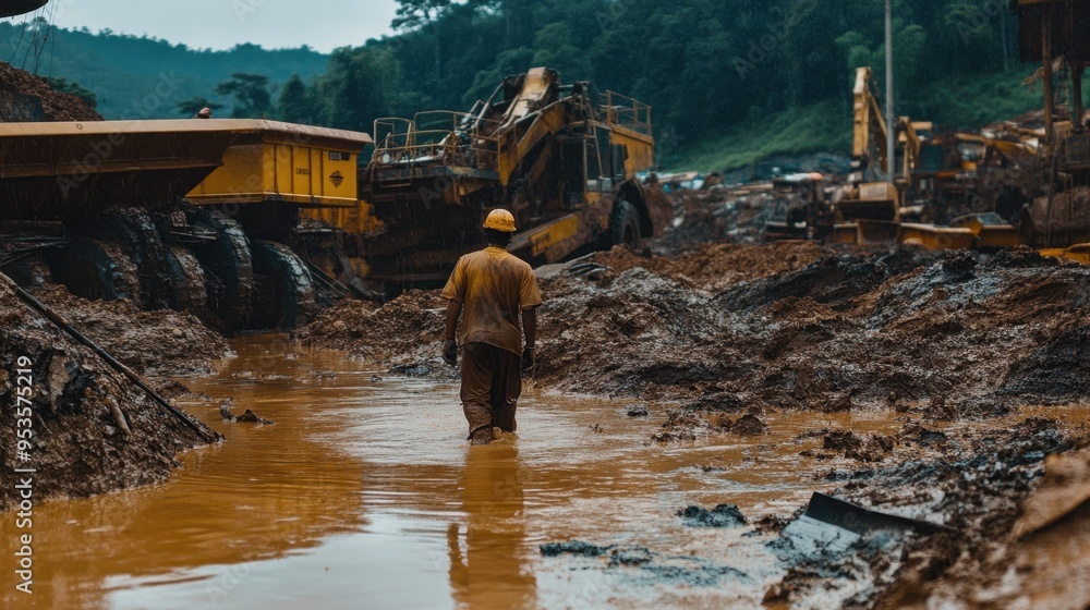 Gold miner at work during a rainy season, drenched from downpour ...