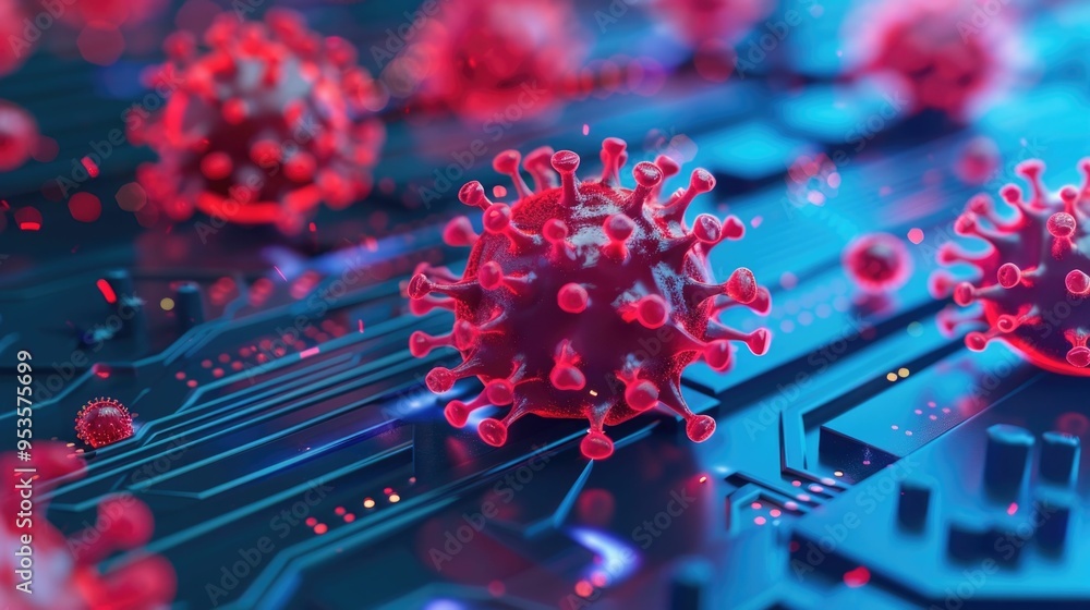 Microscopic view of malware infections spreading through digital ...