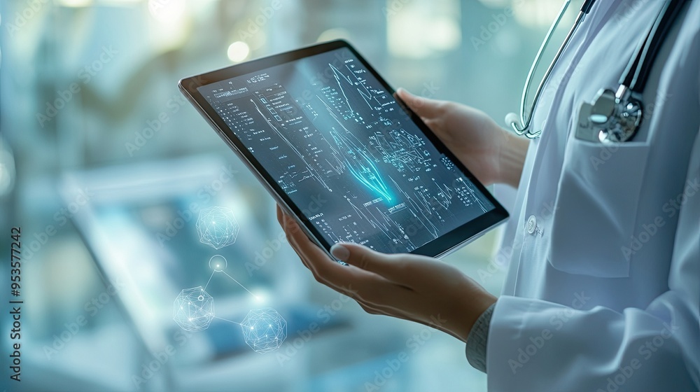 Doctor interacting with electronic medical record on tablet ...