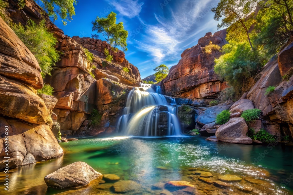 Jim Jim Falls in the afternoon, highlighting the stark contrast between ...