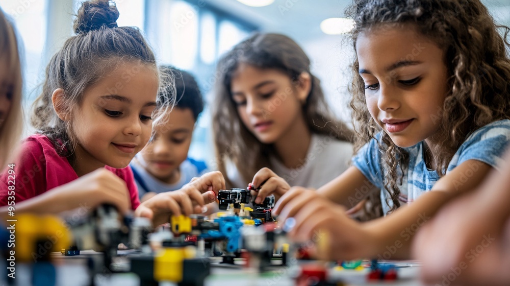 Childrens robotics class group of kids building robots diverse ...