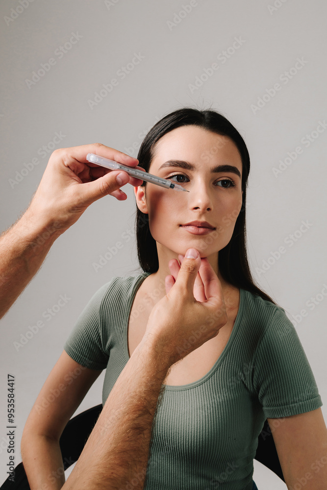 Marking plan of rhinoplasty nose surgery for accurate result. Young ...