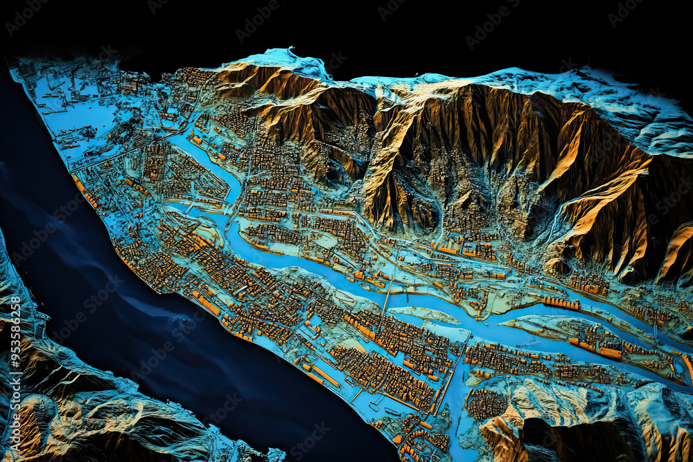 Technical aerial visual, 3D LiDAR GIS aerial map satellite scan model ...