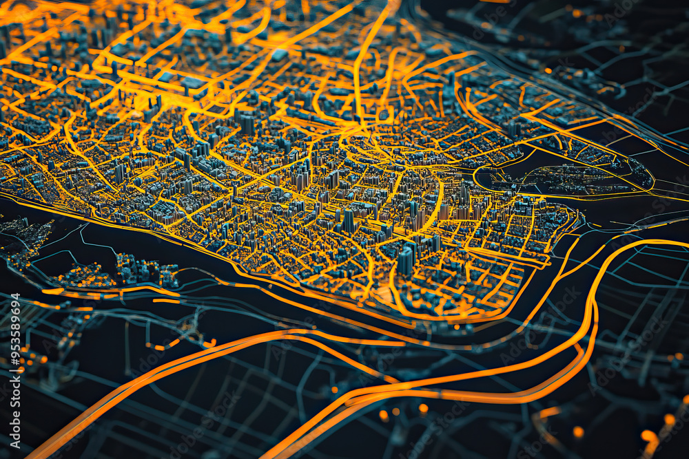 Technical aerial visual, 3D LiDAR GIS aerial map satellite scan model ...