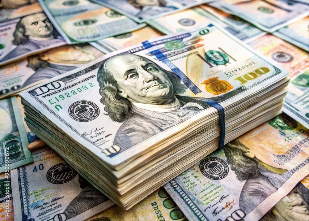 A close-up shot of a stack of 100-baht Thai currency notes with a few ...