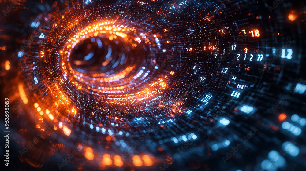 This digital art piece vividly illustrates random numbers spiraling ...