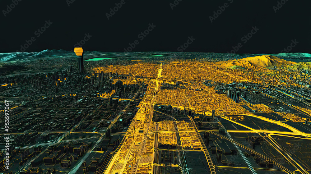 Technical aerial visual, 3D LiDAR GIS aerial map satellite scan model ...