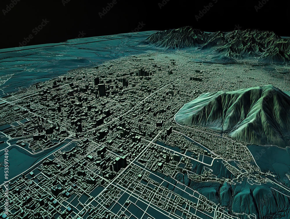 Technical aerial visual, 3D LiDAR GIS aerial map satellite scan model ...