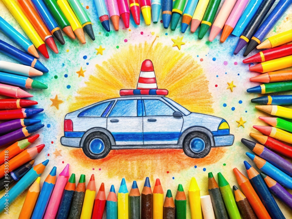 A colorful illustration of a police car with flashing lights and sirens ...
