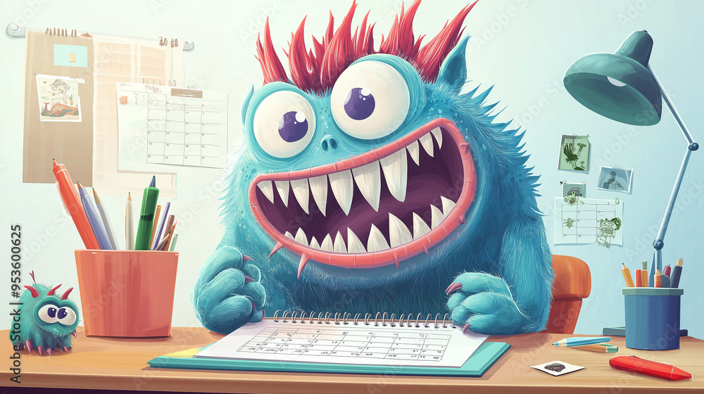 Desk with monster themed accessories like a desk calendar with monster ...