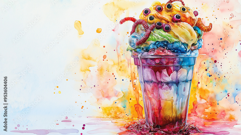 Tall, colorful ice cream sundae with monster themed toppings like gummy ...