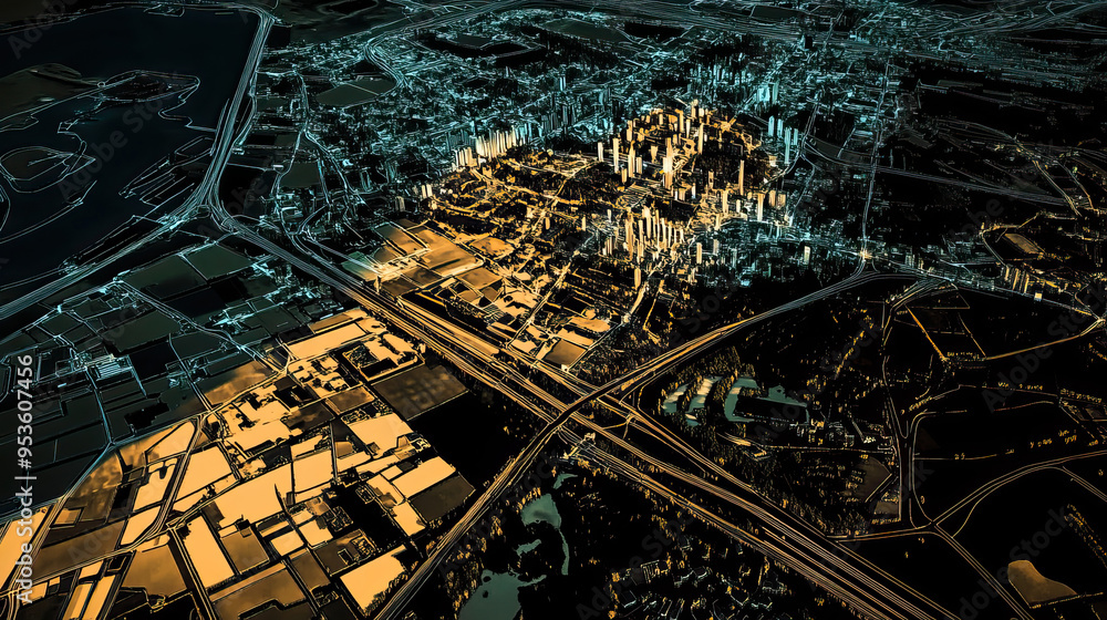 Technical aerial visual, 3D LiDAR GIS aerial map satellite scan model ...