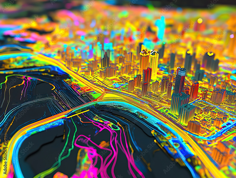 Technical aerial visual, 3D LiDAR GIS aerial map satellite scan model ...
