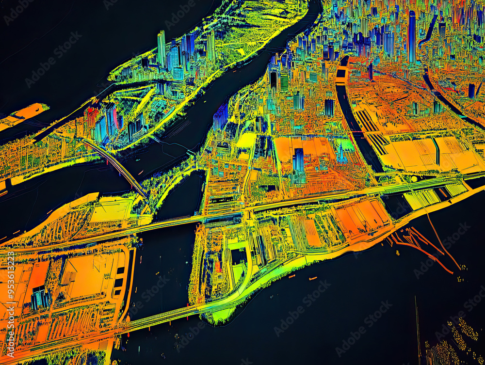 Technical aerial visual, 3D LiDAR GIS aerial map satellite scan model ...