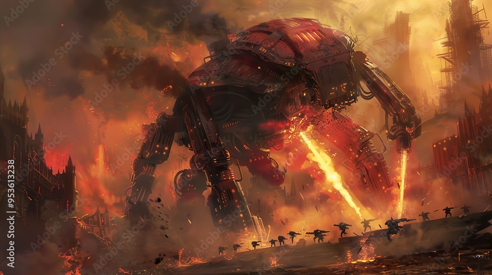 A giant, red mechanical walker firing laser beams in a post-apocalyptic ...