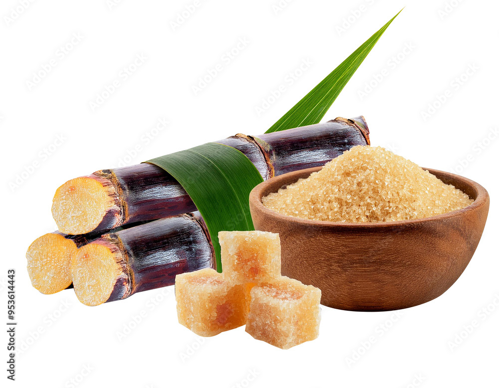 brown sugar on a wooden bowl and sugar cane on a transparent background ...