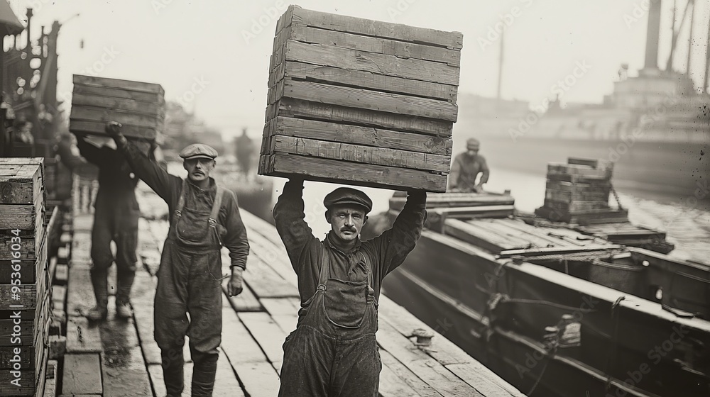 Vintage Black and White Photo of Dockworkers Carrying Heavy Crates at ...