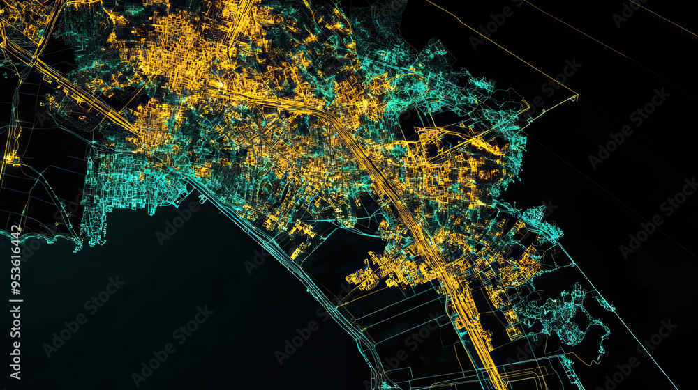 Technical aerial visual, 3D LiDAR GIS aerial map satellite scan model ...