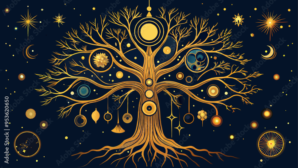 Dotwork tattoo of a celestial tree of life with cosmic symbols and ...