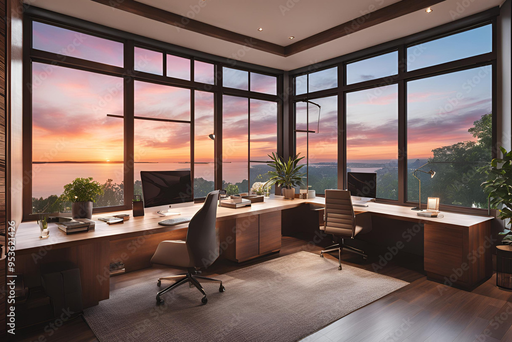 luxury home office with large windows and beautiful sunset views ...