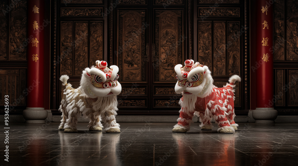 A lion dance performance with two lions, one white and one golden ...