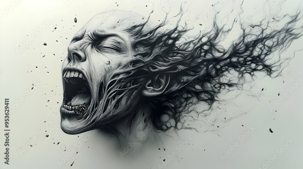 A detailed pencil drawing of a screaming face with its features ...