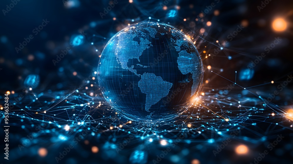 Globalization: A globe surrounded by currency symbols and digital ...