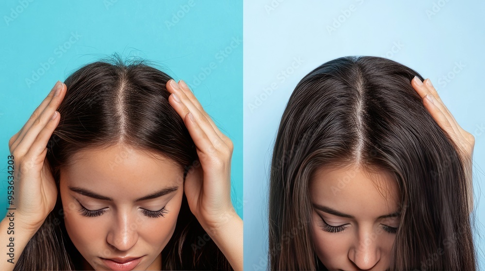 Collage Of A Woman Showing Before And After Dandruff Treatment Close