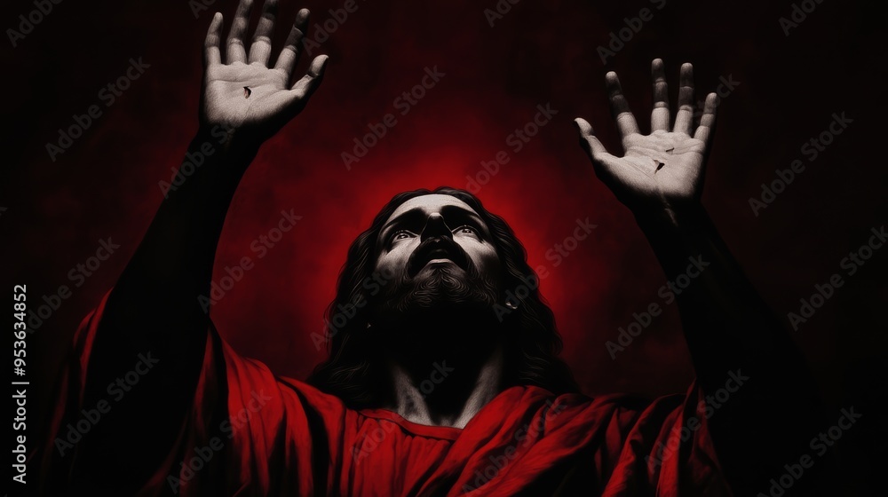 Dramatic scene Jesus Christ battle dark forces intense lighting deep ...