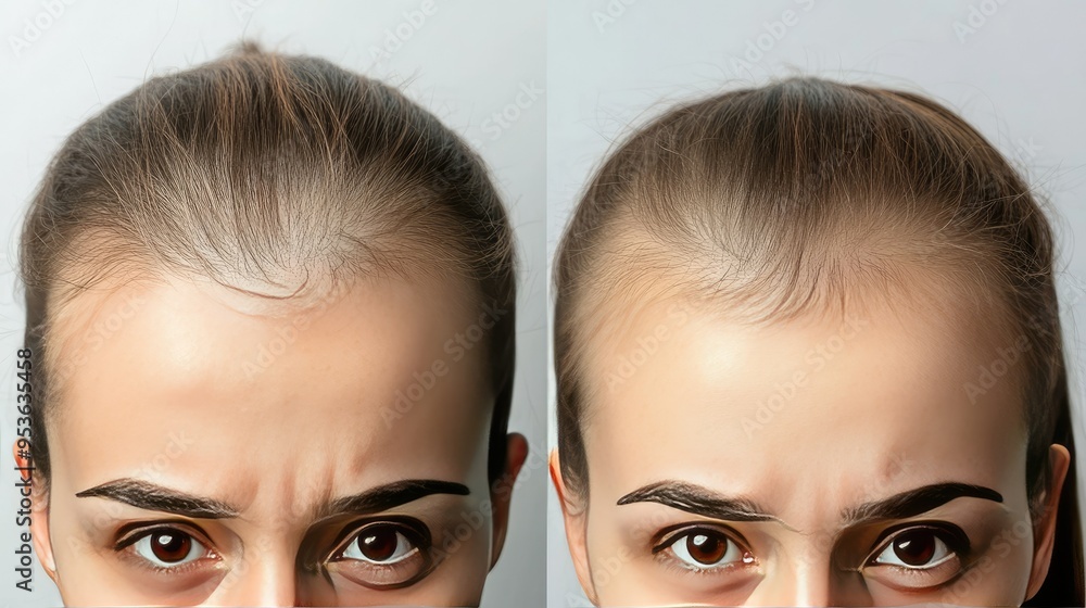 Comparison photo set of a woman with a receding hairline showing ...