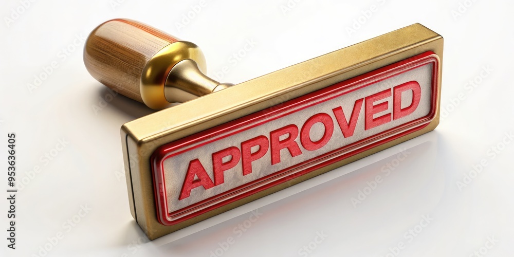 A gold ink stamp with a bold, red "APPROVED" designation embossed on a ...