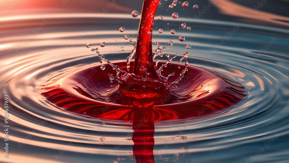 Healing Waves: Red Liquid Splashing into a Pool Creating Ripples of ...